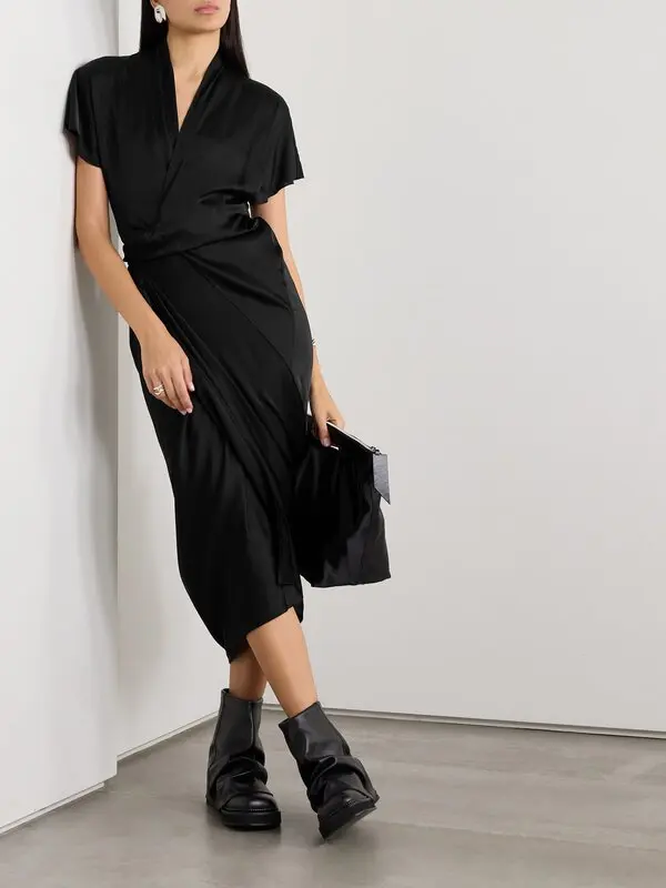 Rick Owens Draped Satin Midi Wrap Dress - Black - 60% Off | Editorialist