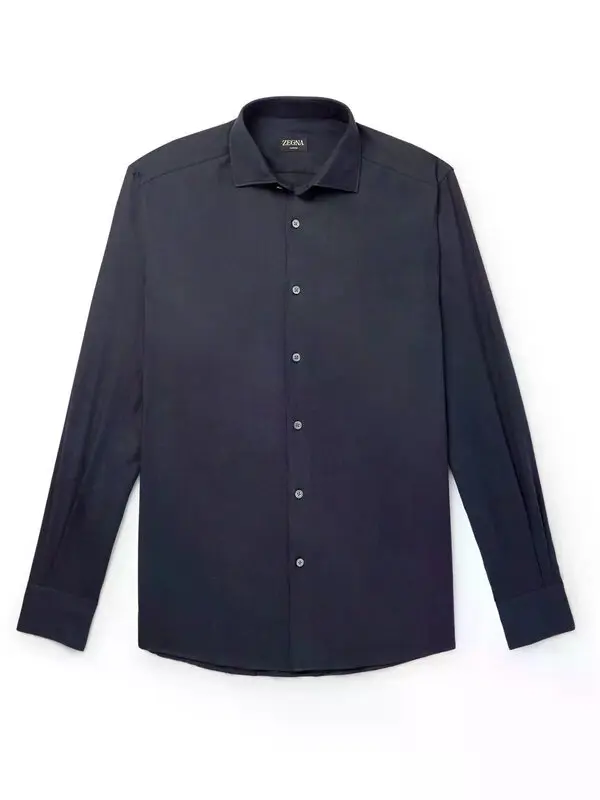 Zegna Cutaway-collar Cotton And Cashmere-blend Twill Shirt - Blue