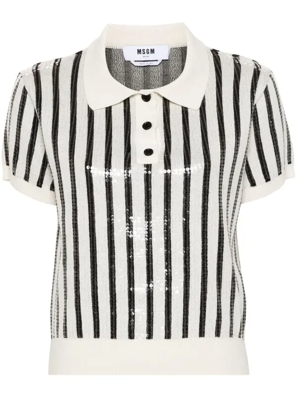 MSGM Sequin-embellished Striped Polo Jumper
