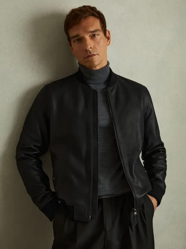 REISS Cast Grained Leather Bomber Jacket