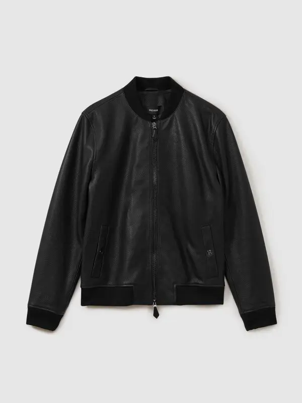 REISS Cast Grained Leather Bomber Jacket