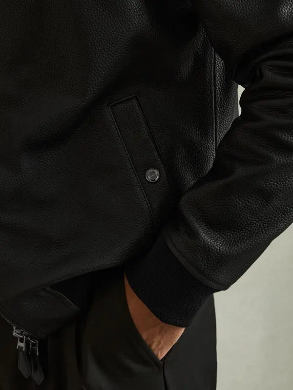 REISS Cast Grained Leather Bomber Jacket