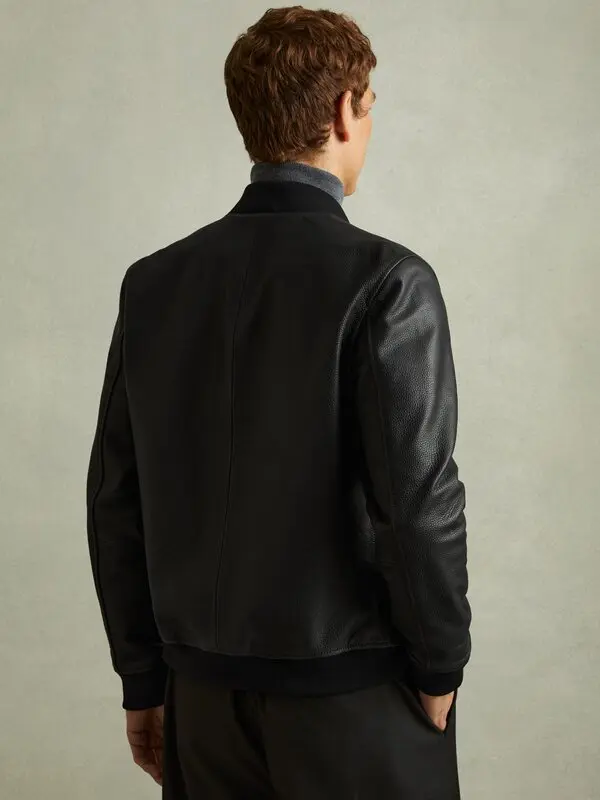 REISS Cast Grained Leather Bomber Jacket
