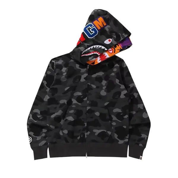 A BATHING APE Color Camo Tiger Shark Wide Full Zip Double Hoodie - Black
