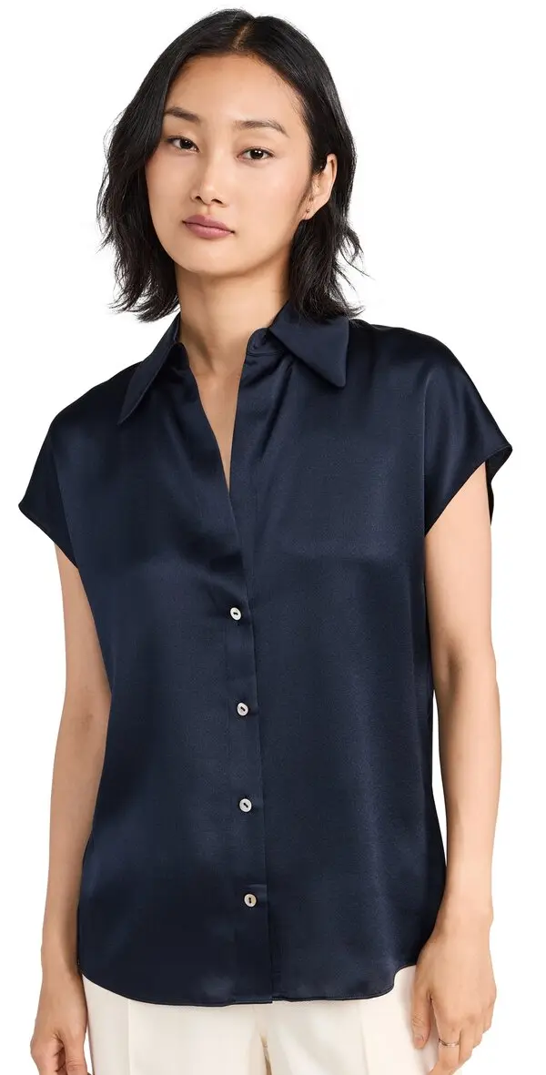 Vince Cap Sleeve Silk Satin Blouse - Coastal