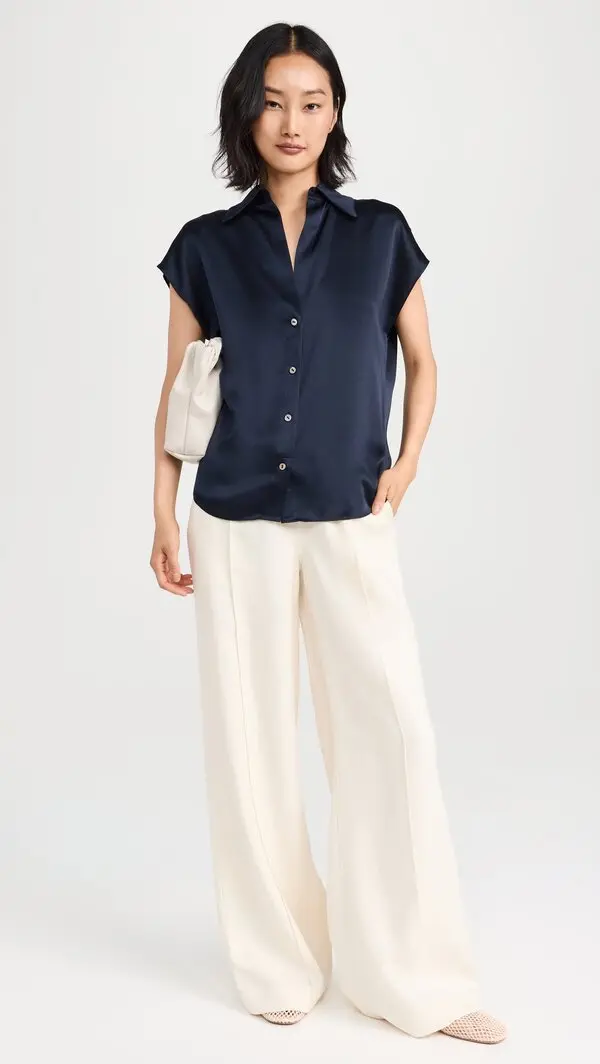 Vince Cap Sleeve Silk Satin Blouse - Coastal