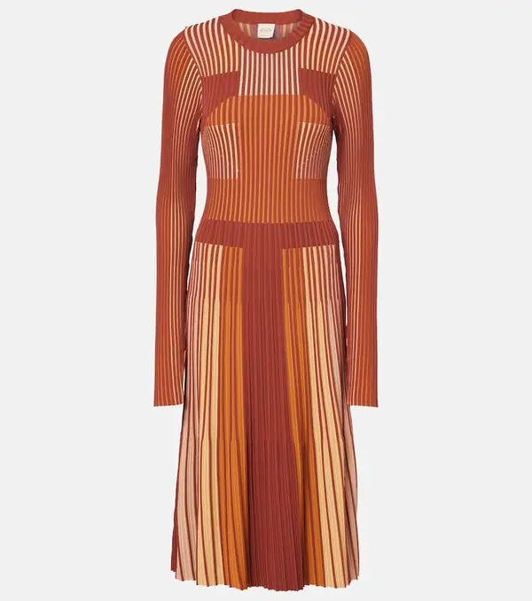 TOD'S Striped Plissé Midi Dress