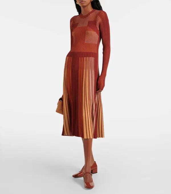 TOD'S Striped Plissé Midi Dress
