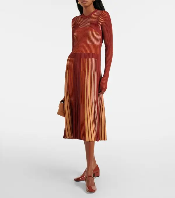 TOD'S Striped Plissé Midi Dress
