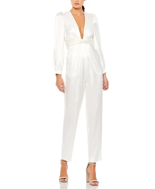 Mac Duggal Deep V Jumpsuit - White