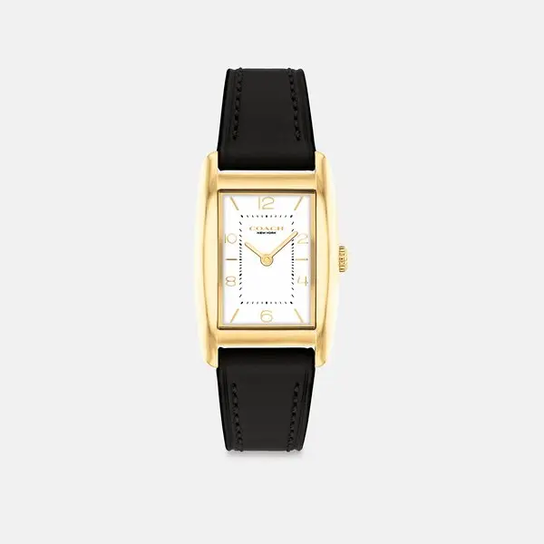COACH Reese Watch 24mm X 35mm Gold Tone Leather Strap - Black