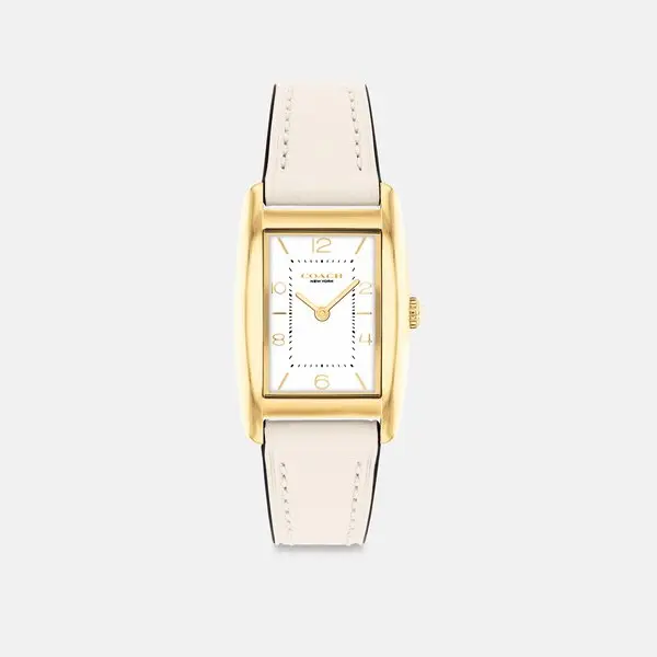 COACH Reese Watch 24mm X 35mm Gold Tone Leather Strap - Chalk