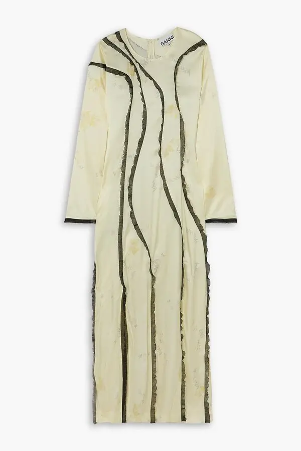 GANNI Lacetrimmed Floralprint Stretchsilk Satin Maxi Dress - Pastel Yellow