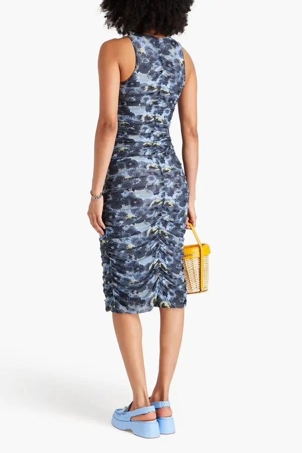 GANNI Ruched Floral-print Midi Dress - Light Blue