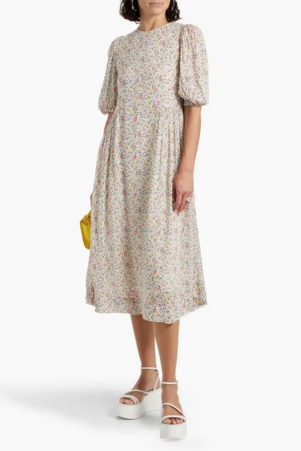 ganni crepe midi dress Printed Crepe Gathered U-neck Midi Dress