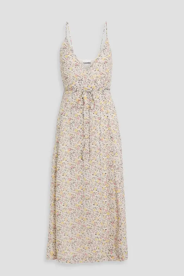 Ganni Floral-Print Crepe Midi Wrap Dress In Cream - 70% Off | Editorialist