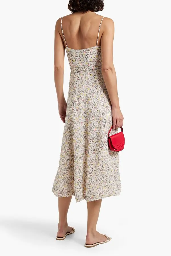 Ganni Floral-Print Crepe Midi Wrap Dress In Cream - 70% Off | Editorialist