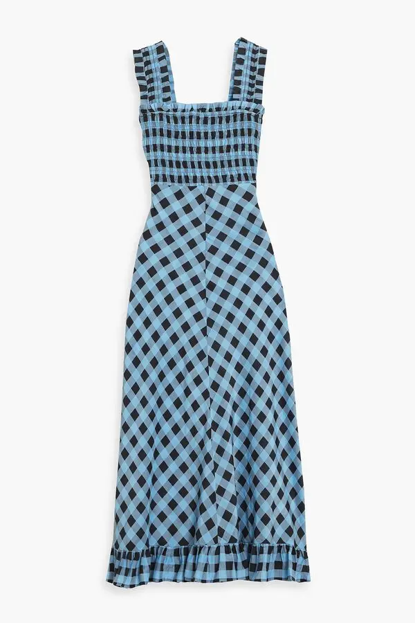 chinese dress ladies Ganni Seersucker Check Smocked Maxi Dress