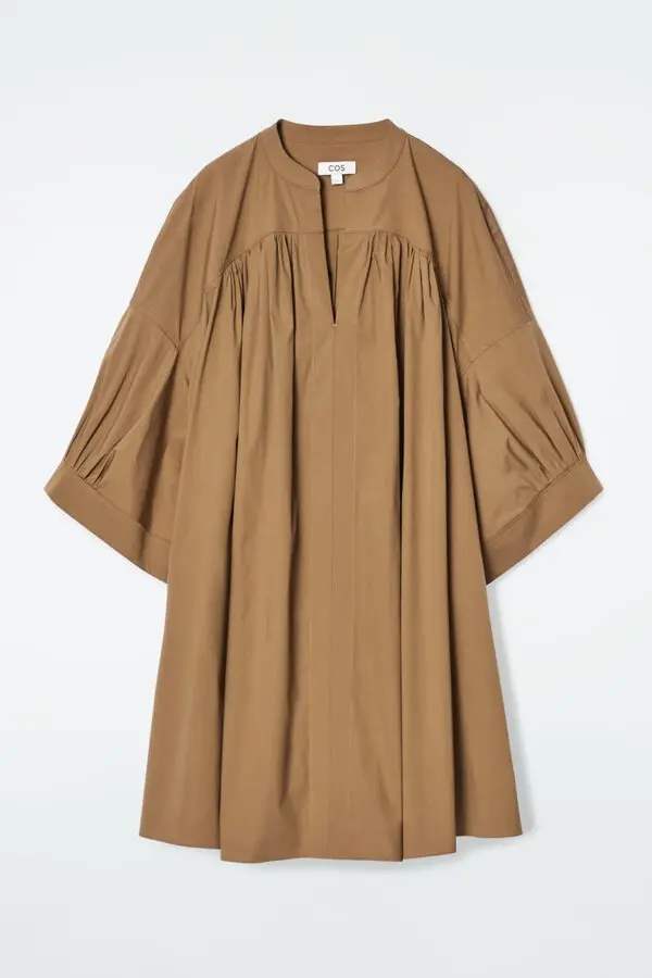 strapless open back dress Bruna Woven Twill Wrap Over Pleated Mini Dress in Taupe main image 1