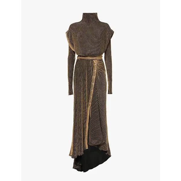 Rabanne Striped Asymmetric-Hem Metallic-Knit Midi Dress - Black / Gold |  Editorialist