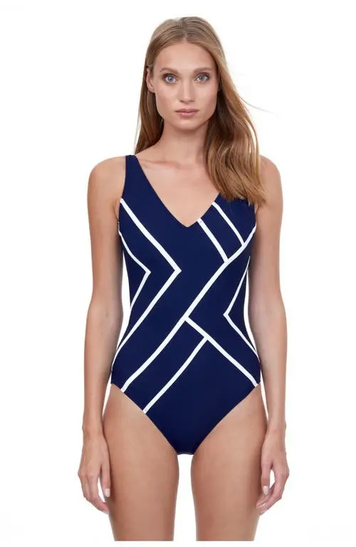 GOTTEX Mirage V-neck One Piece Swimsuit - Navy White