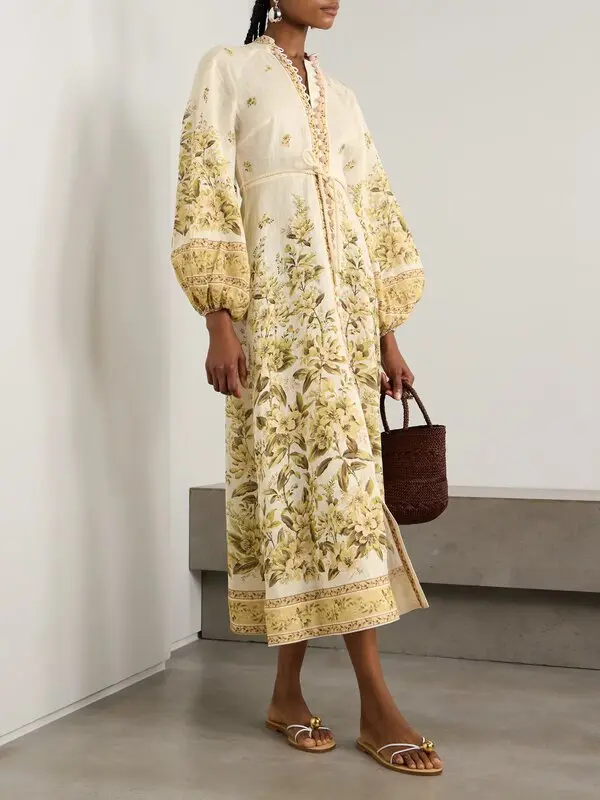 zimmermann belted floral print linen midi dress Zimmermann Golden Belted Floral-Print Linen Midi Dress In Cream - 40% Off