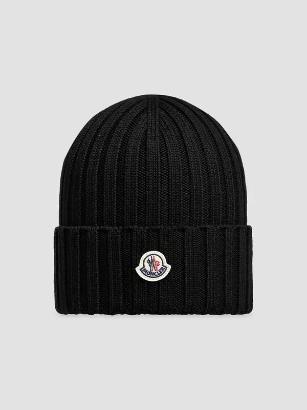 Moncler Wool Ribbed Knit Logo Beanie - Black