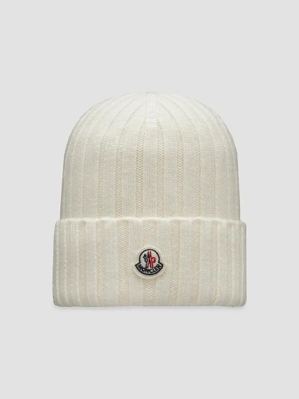 Moncler Wool Ribbed Knit Logo Beanie - White Multi