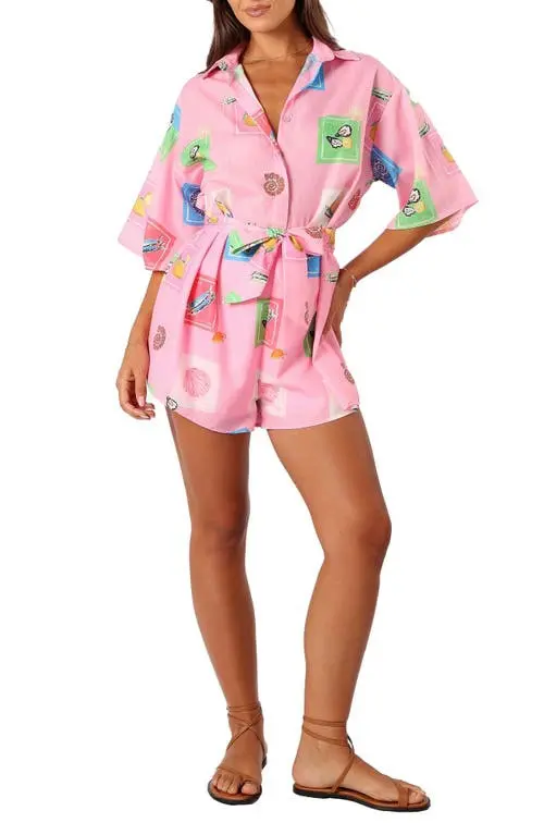 PETAL & PUP Kellie Cotton Romper - Pink Stamp Print