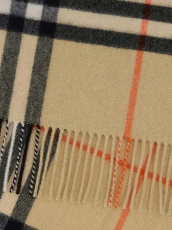 Burberry Iconic Check 100% Cashmere Fringed Scarf - Sand