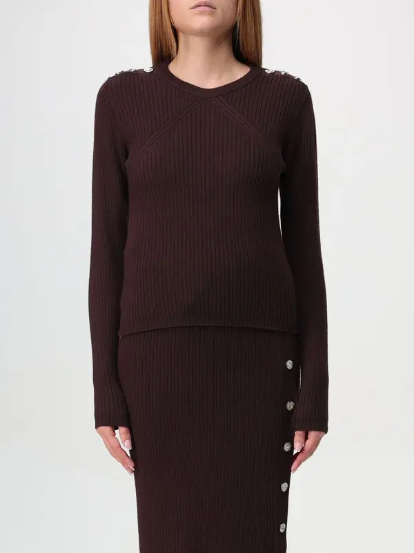 Pinko Ribbed Crew Neck Sweater With Button Detail - Brown