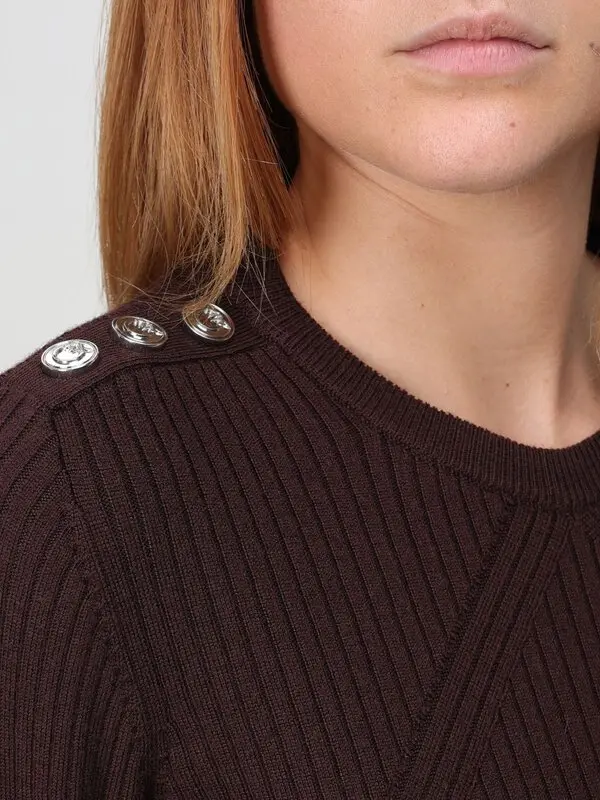 Pinko Ribbed Crew Neck Sweater With Button Detail - Brown