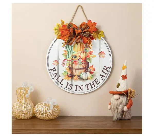 GLITZHOME 15'd Fall Wooden Round Word Sign Door Hanger - One-color