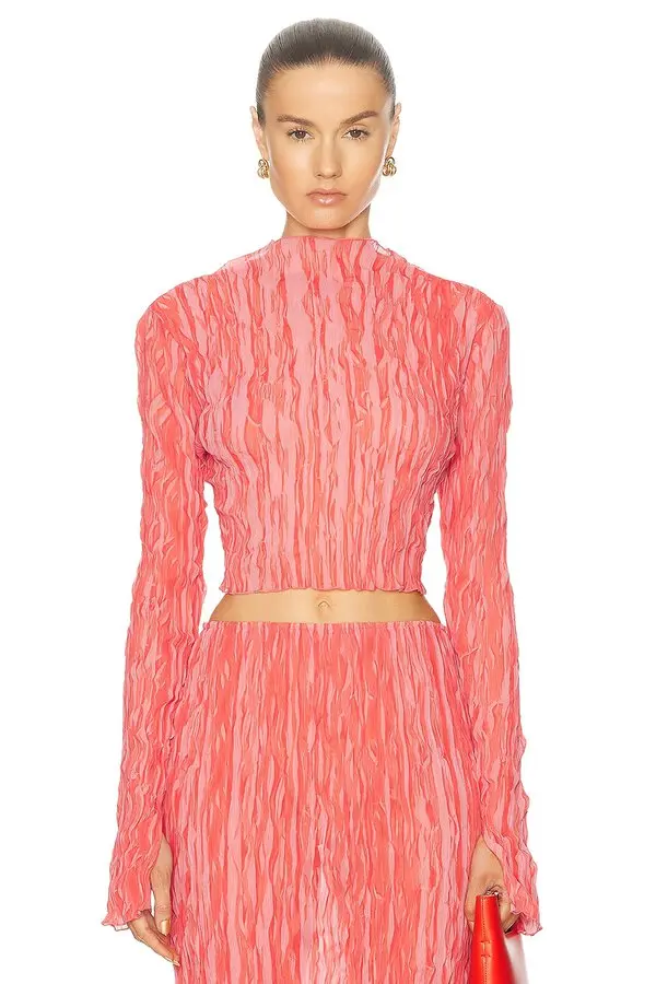 Lapointe Pleated Georgette Long Sleeve High Neck Top