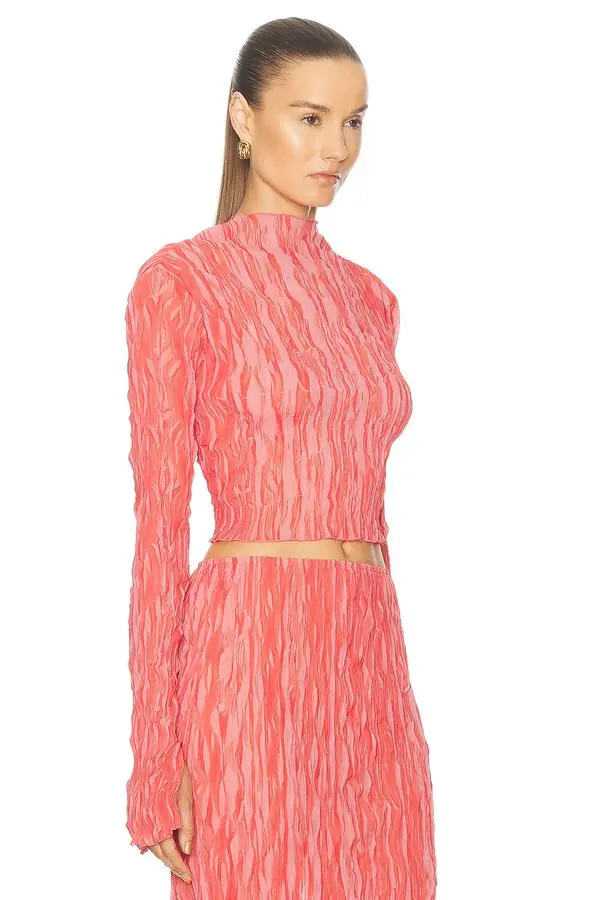 Lapointe Pleated Georgette Long Sleeve High Neck Top