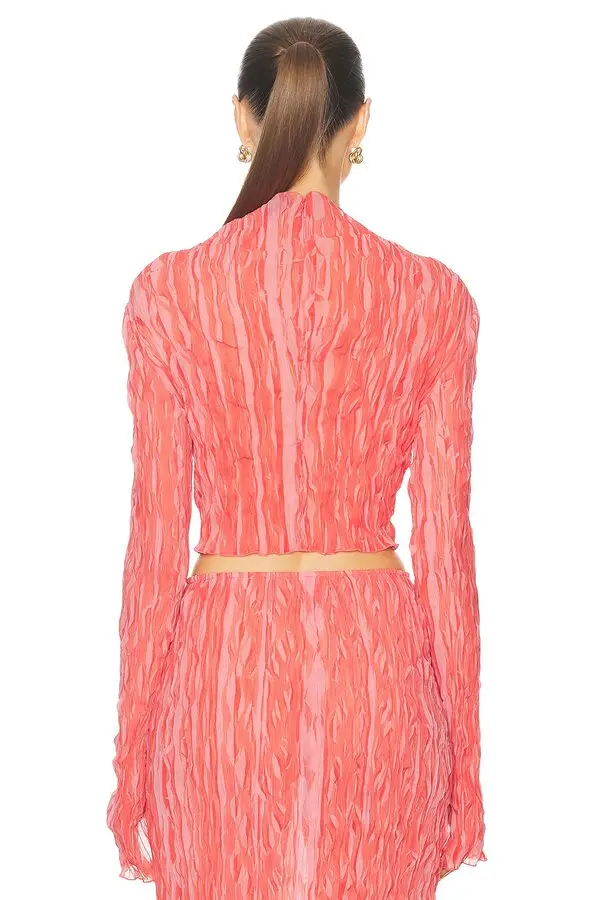 Lapointe Pleated Georgette Long Sleeve High Neck Top