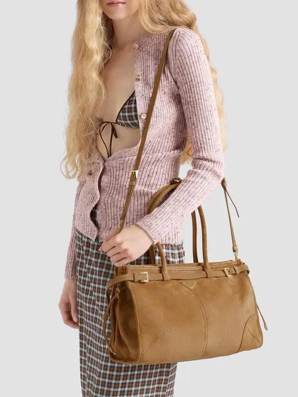 Prada Suede Top Handle Bag - Light Brown