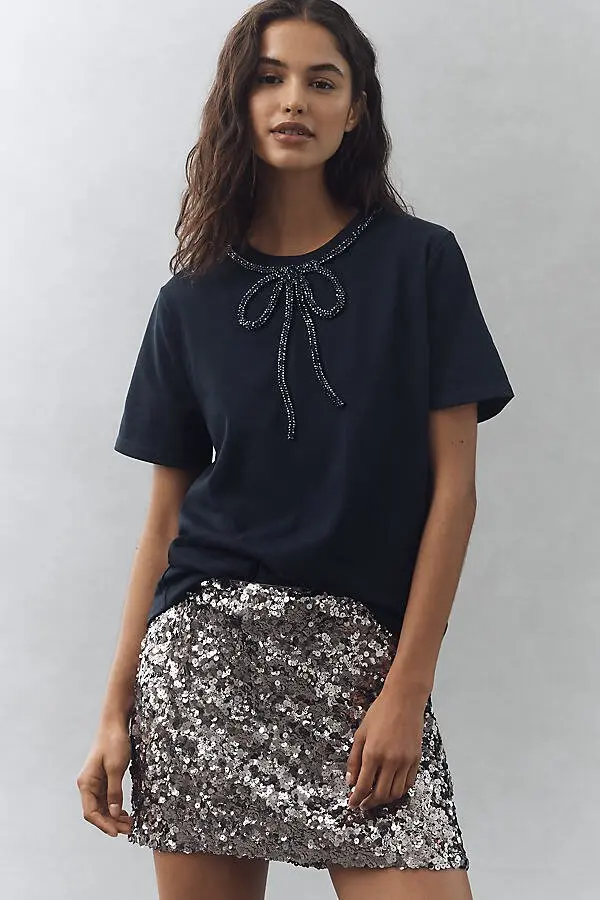 English Factory Rhinestone Bow Tee - Navy