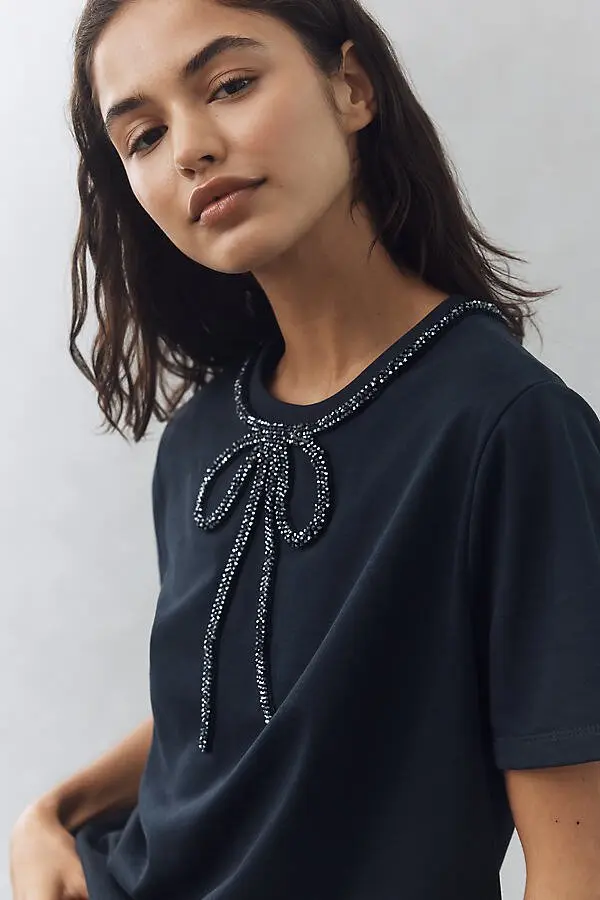 English Factory Rhinestone Bow Tee - Navy