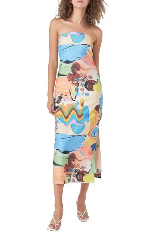 Endless Rose Abstract Print Strapless Dress - Beige Multi