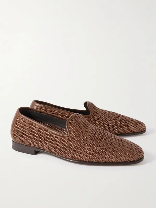 Manolo Blahnik Mario Leather-trimmed Raffia Loafers - Brown