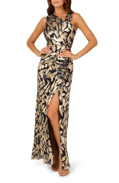 Adrianna Papell Foil Asymmetric Neck Gown - Navy/gold