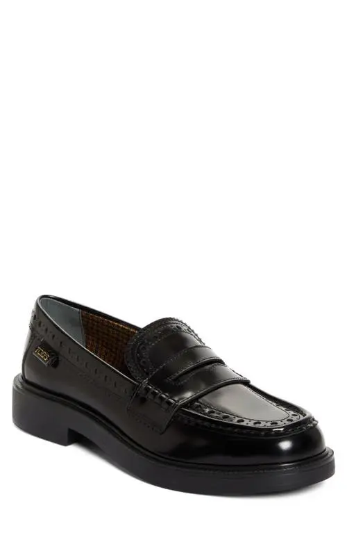 TOD'S Brogued Leather Penny Loafer - Nero