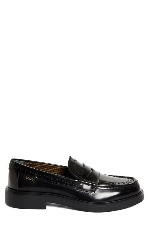 TOD'S Brogued Leather Penny Loafer - Nero