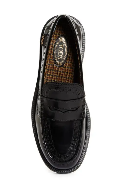 TOD'S Brogued Leather Penny Loafer - Nero
