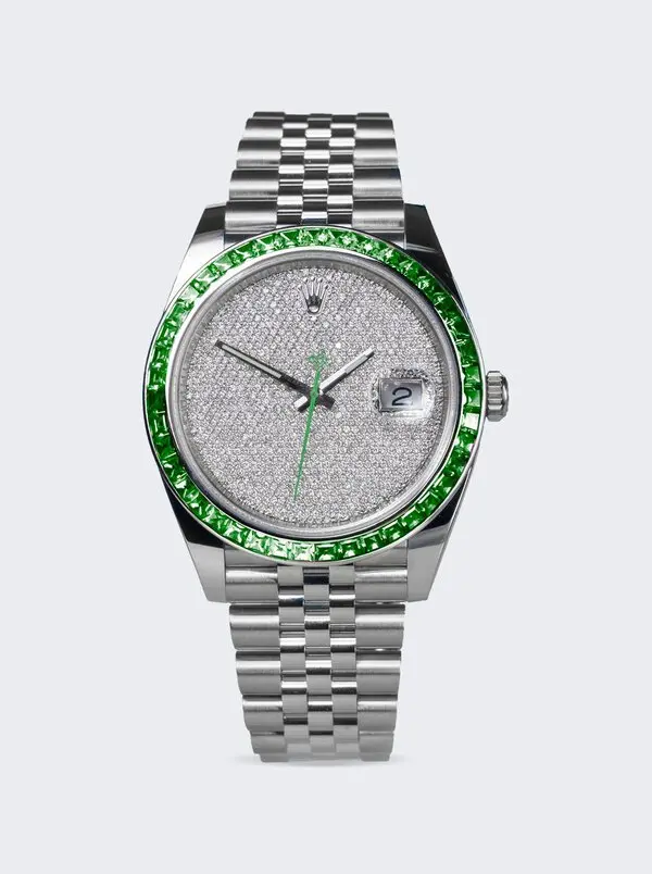 PRIVATE LABEL LONDON Pavé Diamond And Green Sapphire Datejust Watch - 41mm