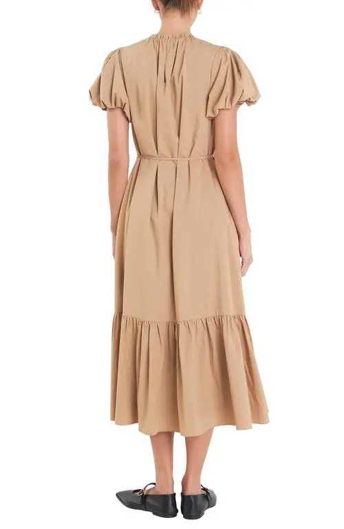 English Factory Puff Sleeve Tie Belt Midi Dress