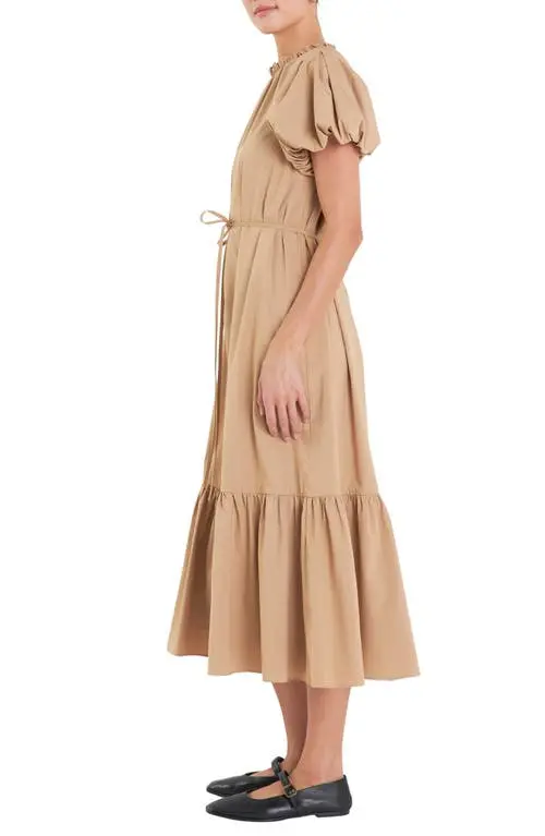 English Factory Puff Sleeve Tie Belt Midi Dress