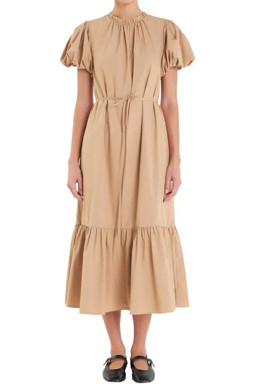 English Factory Puff Sleeve Tie Belt Midi Dress