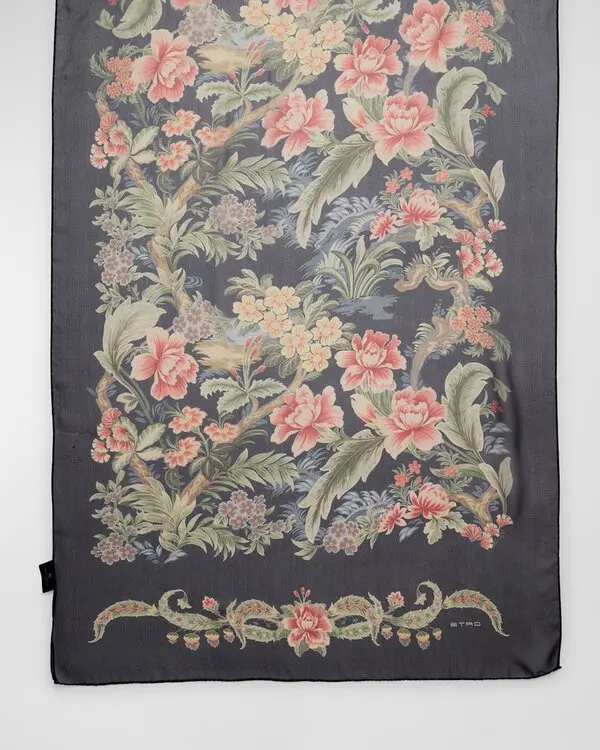 Etro Sheer Floral Print Silk Scarf - Print On Blue Base